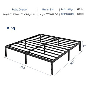 Joeffany 14" H King Bed Frame with Storage, 3500 lbs Heavy Duty Black Metal Platform Bed, No Box Spring Needed Mattress Foundation, Quick Assembly, No Box Spring Needed Black