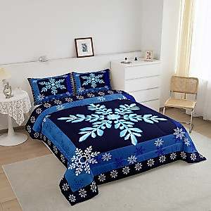 Castle Fairy Snowflake Art Comforter Set Queen Size,Geometric Snowflake Bedding Set for Kids Boys Girls Bedroom Decoration,Navy and Blue Bed Duvet Insert,Winter Theme Comforter with 2 Pillowcase
