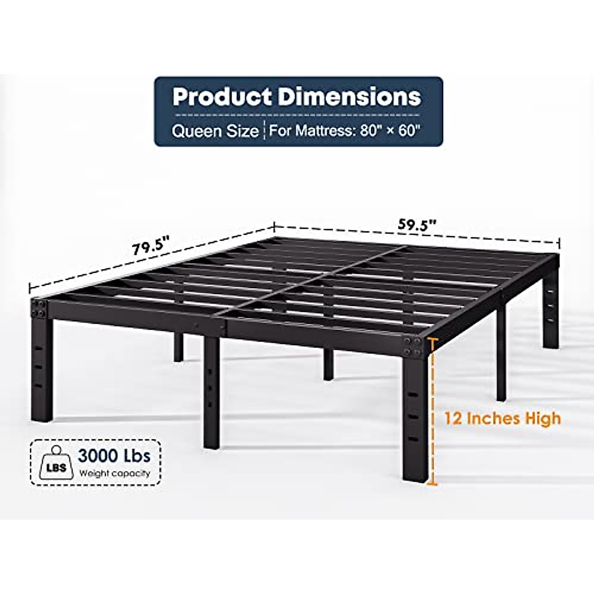 FSCHOS Bed-Frame-Queen, 12 Inch Metal Platform Queen-Size-Bed-Frame No Box Spring Needed, Heavy Duty Queen Size Bed Frame Easy Assembly, Noise Free, Black