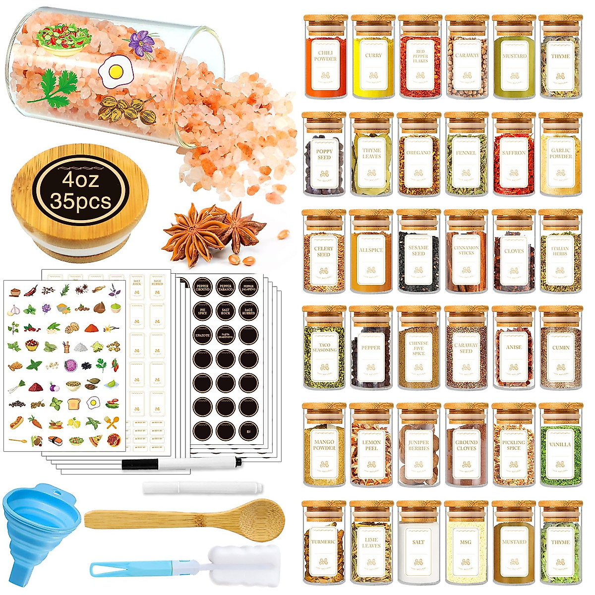 BGraceyy Spice Jars with Labels, 35 Pcs 4 oz Glass Spice Jars with Bamboo Lids, Minimalist Stackable Airtight Spice Containers with 426 labels for Home Kitchen, Pantry, Spice Cabinet, Drawer, Rack