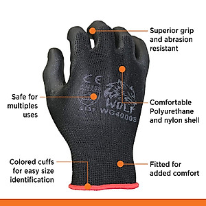 WOLF Polyurethane Palm Coated Nylon Shell Work Gloves, Construction, Mechanic, Warehouse, Yard Work, Gardening Medium (Pack of 12)