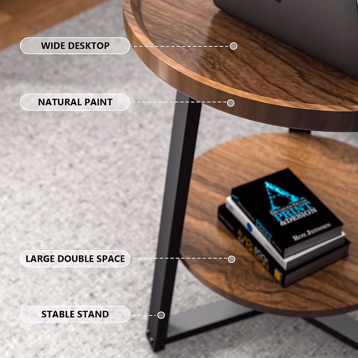 texinpress Round End Table with Storage Shelf, 2 Tier Round Side Table Nightstand for Living Room, Bedroom, Wood Tabletop and Black Metal Frame (19.7 * 19.7 * 21.7 inches)