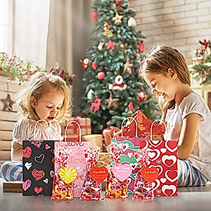 AKEROCK Valentines Day Gift Bags for Kids, 18 Pcs Paper Bags with Handles & 18 Pcs Cellophane Bags with Twist Ties & 18 Pcs Heart Shaped Cards, Valentine Bags bulk for Candy & Treat