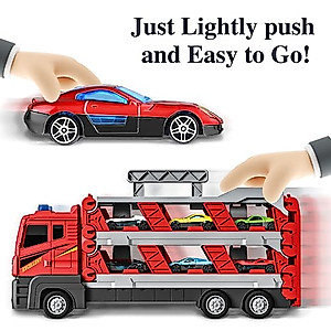 Melyis Toy Trucks with 64-Inch Ejection Race Track, Catapulting Racing Track with 6 Cars, Kid’s Cool Folding Truck Toy, Cars Storage and Transporter Toy Truck for 4 5 6 7 8 9 Years Old Boys and Girls