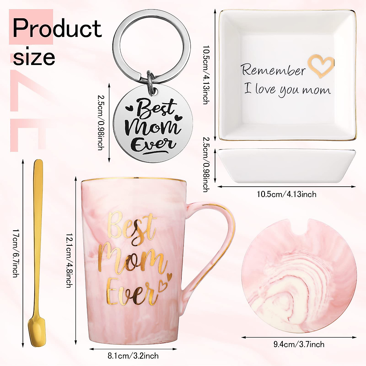 Nuanchu 3 Pcs Mother's Day Gifts for Mom Include Best Mom Ever Coffee Mug Remember I Love You Mom Ceramic Ring Dish Best Mom Ever Keychain for Mom from Daughter and Son