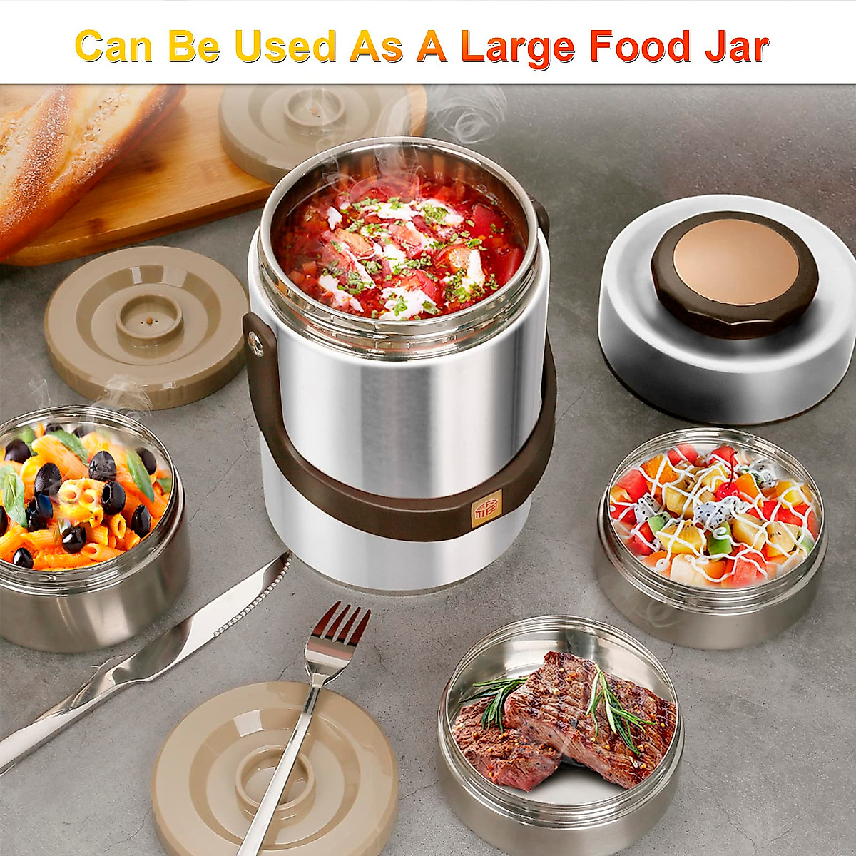 Pawovdeq 67 oz Adults Stainless Steel Vacuum Insulated Wide Mouth Soup Food Thermos Hot Food Jar with Keep Thermal Portable 3 Tier Stackable Bento Hot Food Containers Lunch Boxes (67 oz Silver)