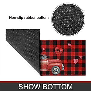 Xsinufn Valentines Day Kitchen Mat Set 2 Piece,Valentines Day Hearts Truck Buffalo Plaid Decorative Kitchen Rugs,Valentines Hearts Low-Profile Kitchen Mats for Home Kitchen (17"x48"+17"x30")