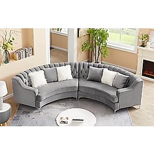 Melpomene Modern Velvet Curved Sofa, Symmetrical Modular Semi Circular Sofa with 6 Pillows(Tufted,Grey)