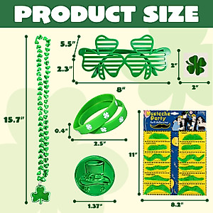 JOYIN 156 Pcs St. Patrick's Day Party Favor Set, 6 Necklaces 6 Eyeglasses 12 Bracelets 72 Temporary Tattoos 12 PCS Mustache 48 Plastic Coins St Patricks Day Accessories