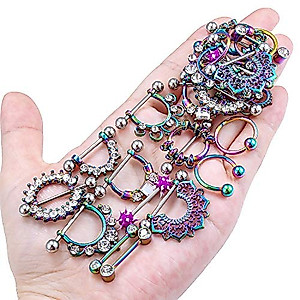 Yaalozei 14G Nipple Rings Piercing Jewelry for Women 316L Stainless Surgical Steel Nipple Tongue Nipplerings ring Bar Barbell Piercing jewelry Stud Hoops Purple Colorful Rainbow Shining Cute 14mm