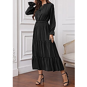KIRUNDO Women's 2023 Fall Long Sleeve Tie Crew Neck Maxi Dress Casual Empire Waist Boho Ruffle Flowy Long Dresses(Black, Medium)