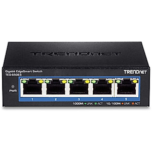 TRENDnet 5-Port Gigabit EdgeSmart Switch, TEG-S50ES, 5 x Gigabit Ports, 10Gbps Switch Capacity, Ethernet Splitter, Managed Smart Gigabit Switch, Metal, Fanless, Lifetime Protection, Black