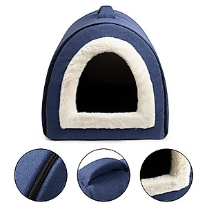 Hollypet Linen Cat Bed, Self-Warming 2 in 1 Foldable Cave House Animal Shape Nest Pet Sleeping Bed, Blue