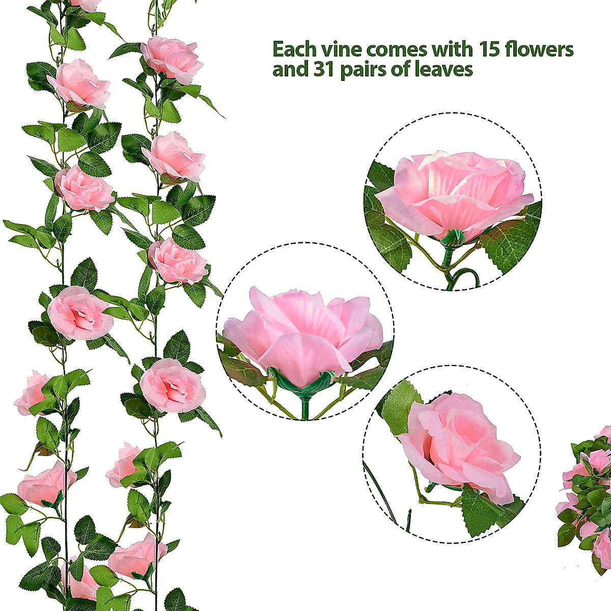 PONKING Artificial Rose Vine Flowers with Green Leaves, 3 Vine 22FT Hanging Fake Flower Garland, Roses Vine for Home Hotel Office Wedding Party Garden Craft Wall Decor, Pink