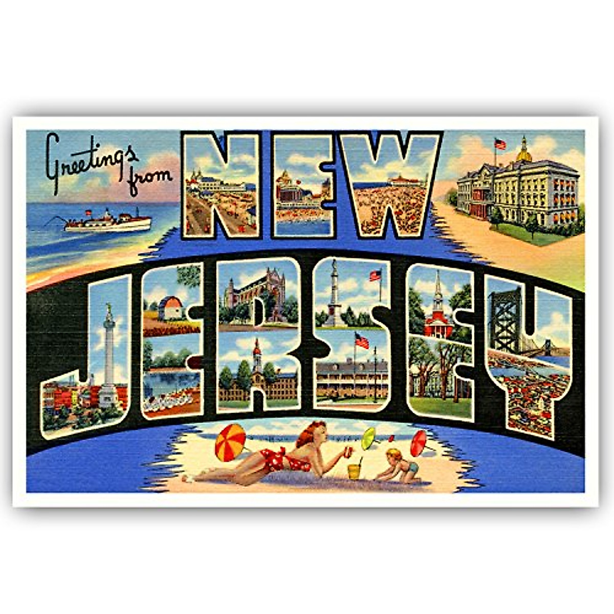 GREETINGS FROM NEW JERSEY vintage reprint postcard set of 20 identical postcards. Large letter US state name post card pack (ca. 1930's-1940's). Made in USA.