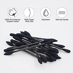 HOMEFOX Black Cotton Swabs Precision Pointed - 200 Count Organic Pointy Pointed Cotton Buds Double Side Tightly Wrapped Charcoal Cotton Tip Paper Stick Soft Gentle Cruelty-Free, Pointy & Round (Black)
