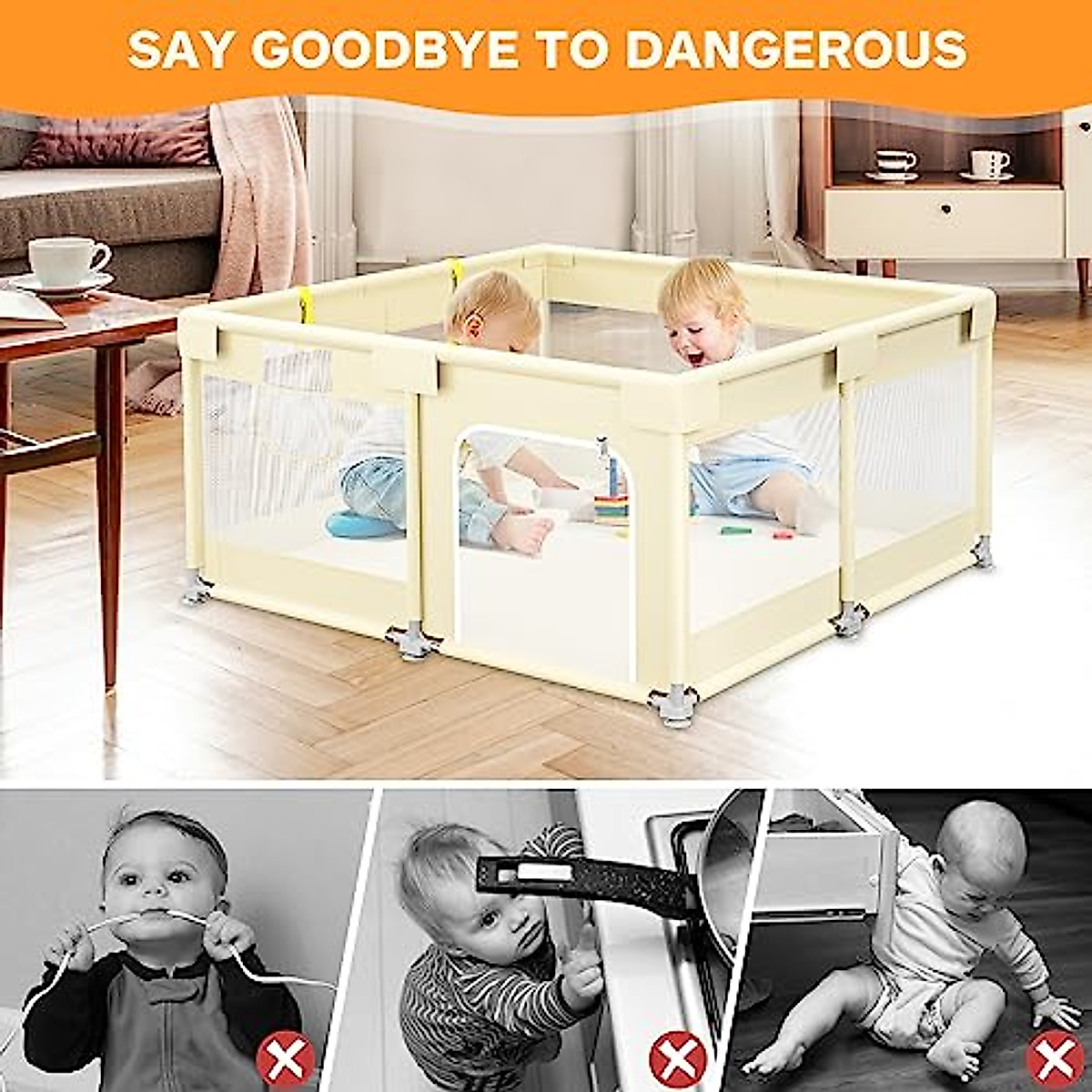 ZESHWER Baby Playpen with Gate, Play Pens for Babies and Toddlers, Play Yard for Baby, 50"x50" Baby Fence, Activity Center for Baby, Sturdy Safety Playpen with Anti-Slip Base, Beige