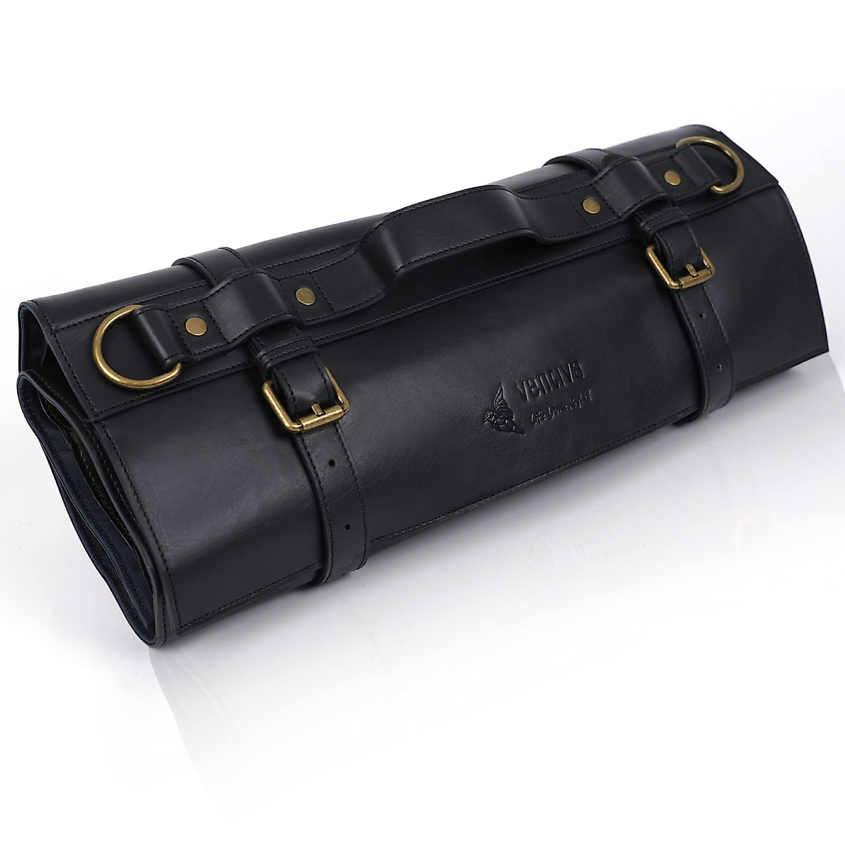 Ventiva - Black Leather Knife Roll Storage Bag, 9 Pockets w/ Large Utility Pocket, Adjustable/Detachable Shoulder Strap, Travel-Friendly and Durable