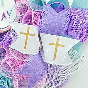 Christ Lord Risen Today Easter Front Door Wreath - Cross Present - Pink Lavender Mint Green Gold White