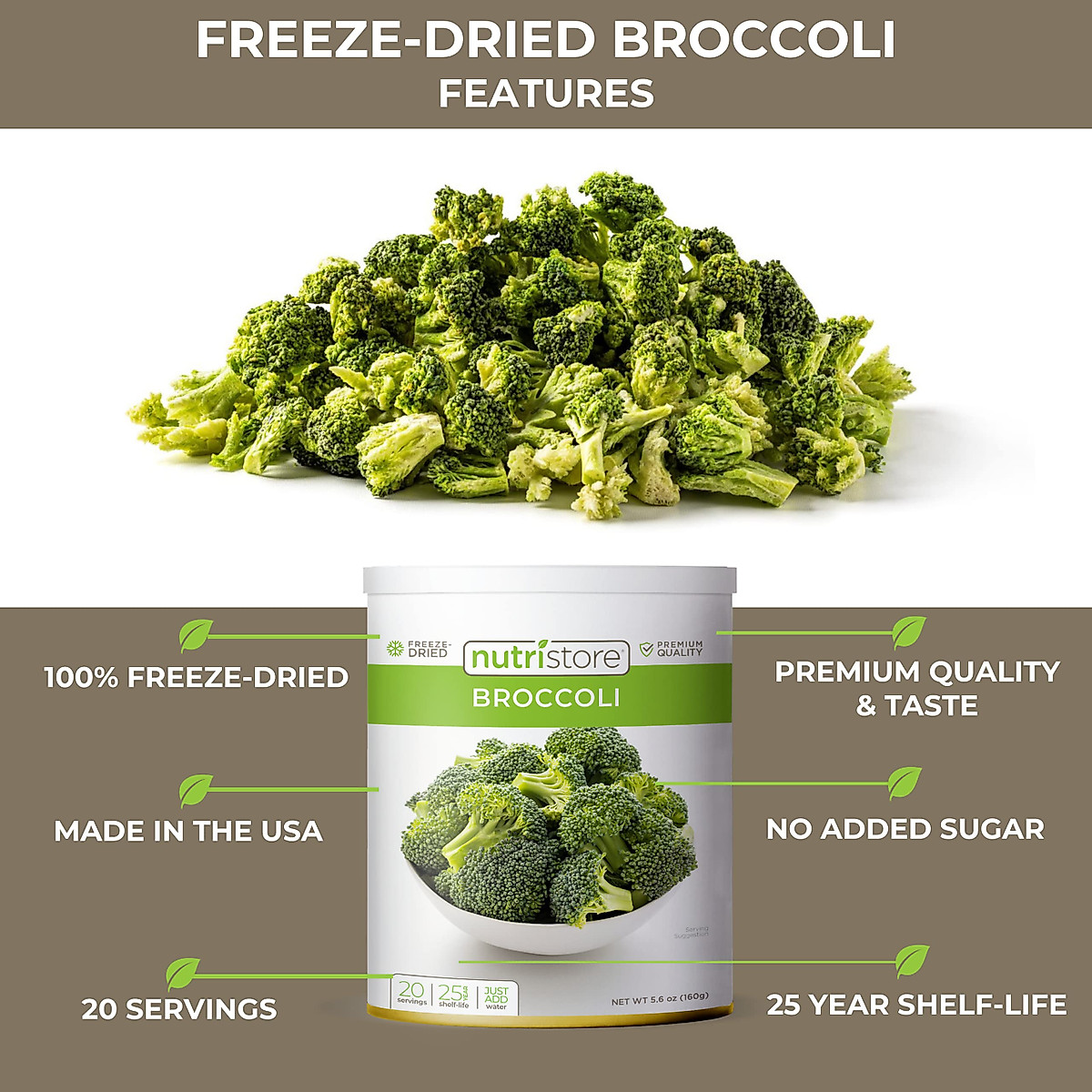 Nutristore Freeze Dried Broccoli | Vegetables for Healthy Snack or Long Term Storage | Emergency Survival Canned Food Supply | Bulk #10 Can Veggies | 25 Year Shelf Life (4-Pack)