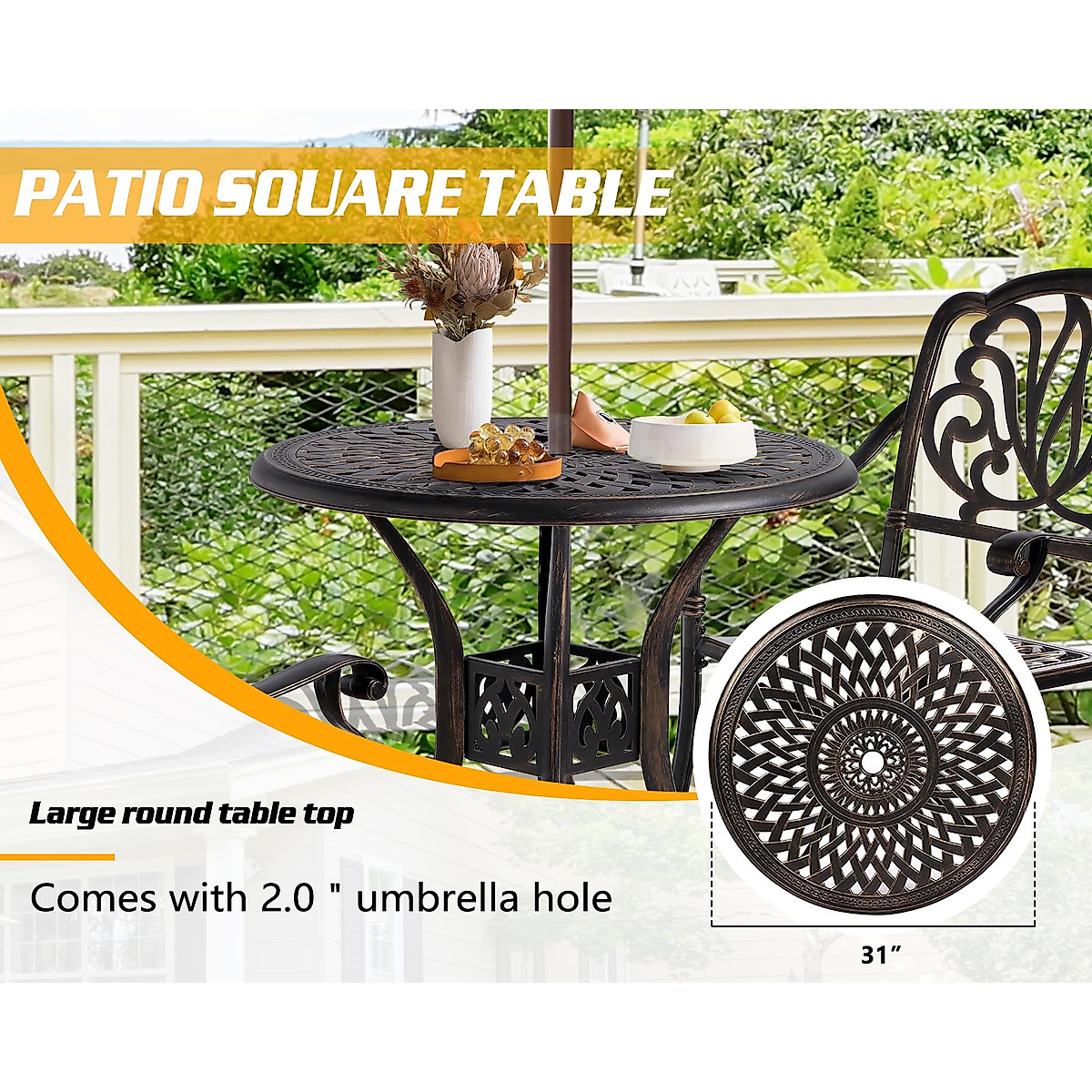 TITIMO 5-Piece Outdoor Patio Dining Set,All-Weather Cast Aluminum Furniture Conversation Set Includes 4 Chairs and 1 Square Table with Umbrella Hole for Patio Garden Deck, Blooming Flower Design