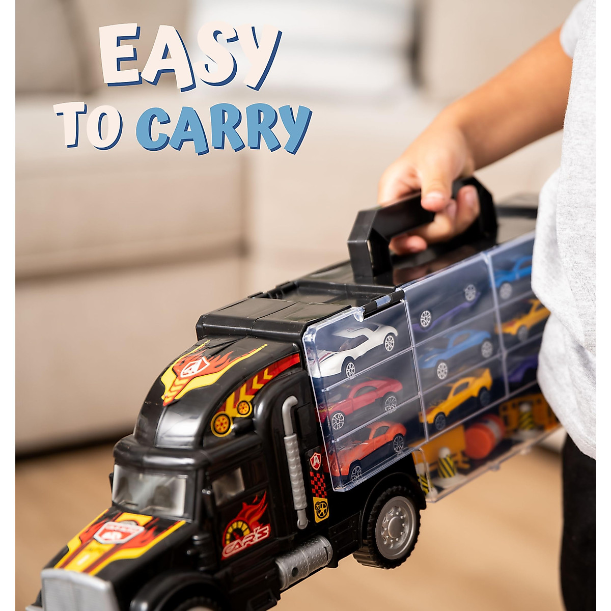 Toy Truck Transport Car Carrier Toy for Boys and Girls Age 3-10 yrs Old - Hauler Truck Includes 12 Toy Cars and Accessories - Car Truck Fits 28 Car Slots - Ideal Gift for Kids