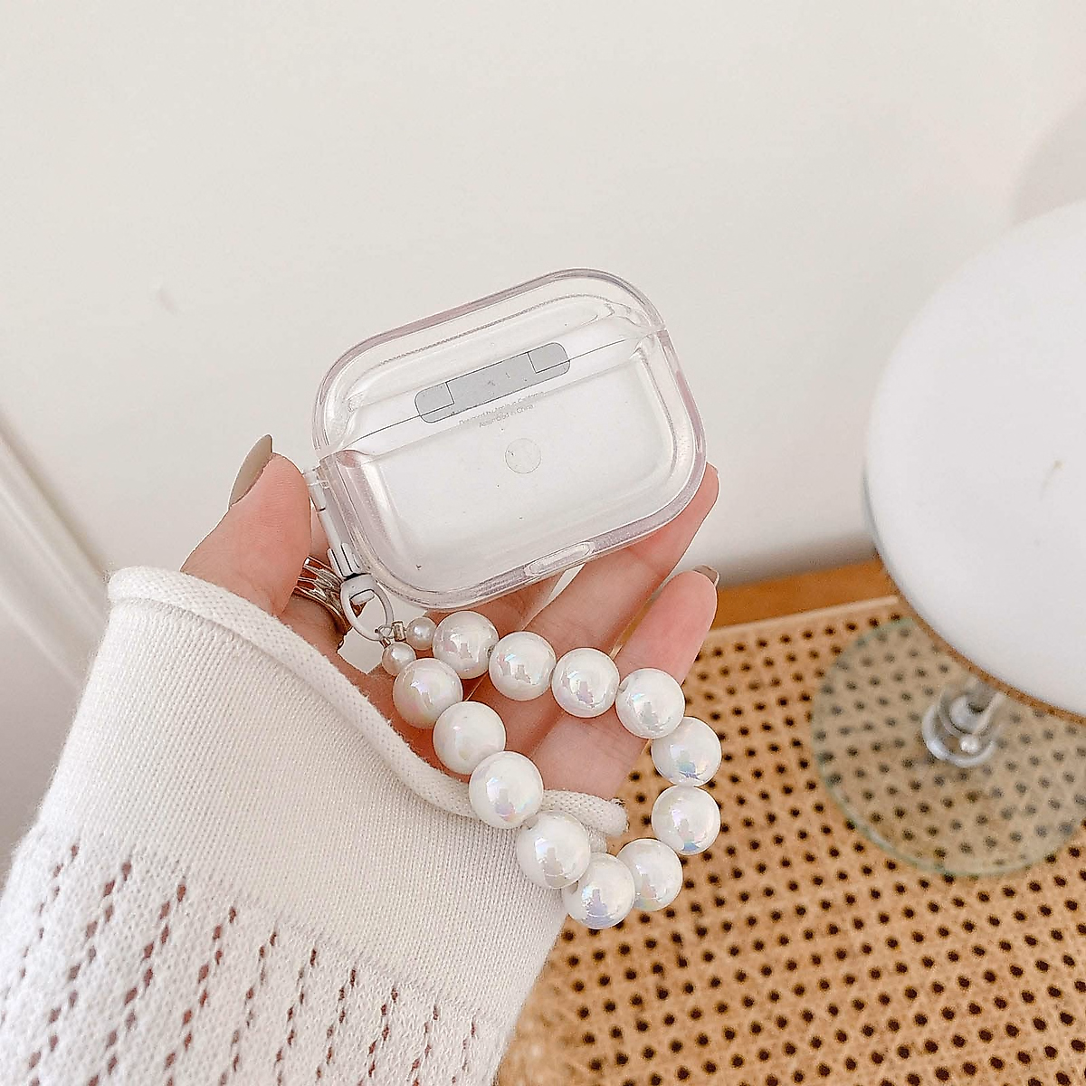 Ownest Compatible with AirPods Case, Clear Cute 3D Colorful Love Heart Soft TPU Shockproof Cover Case Glitter with Pearl Keychain for Women Girls for Airpods 1&2-White