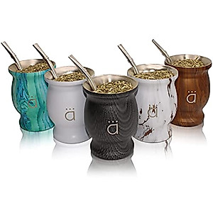 Kalmateh Yerba Mate Gourd Set - Traditional Modern Mate Cup Includes Bombilla Filter Straw and Cleaning Brush- Double Walled Stainless Steel (Turquoise, 8.6 oz)