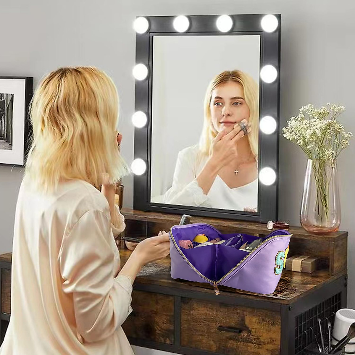 Nylon Makeup Bag Purple Chenille Letter Makeup Bag Preppy Cosmetic Bag Stoney Clover Pouch Chenille Patch Bag Better Belt Bag Cosmetic Bag Varsity Letter Pouch Flat Lay Makeup Bag Stuff Toiletry Bag