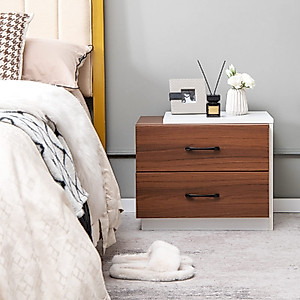 LOKO Modern Nightstand with 2 Drawers, Wooden Bedside Table with Unique Framed Design, Multifunctional End Table for Bedroom, Study, 21.5 x 16 x 18 inches, Walnut & White