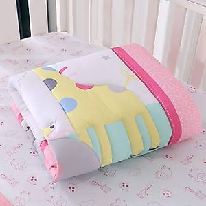 VIVILINEN Pink Elephant Crib Bedding Set for Girls 3 Pieces Giraffe Hedgehog Animals Infant Nursery Baby Crib Comforter Set with Crib Bed Blanket Quilt Fitted Sheet Skirt Set