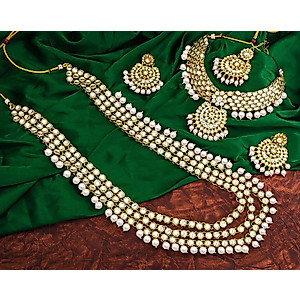 Aheli Indian Wedding Kundan Beaded Heavy Bridal Long Choker Necklace Earrings with Maang Tikka Traditional Jewellery Set for Women (White)