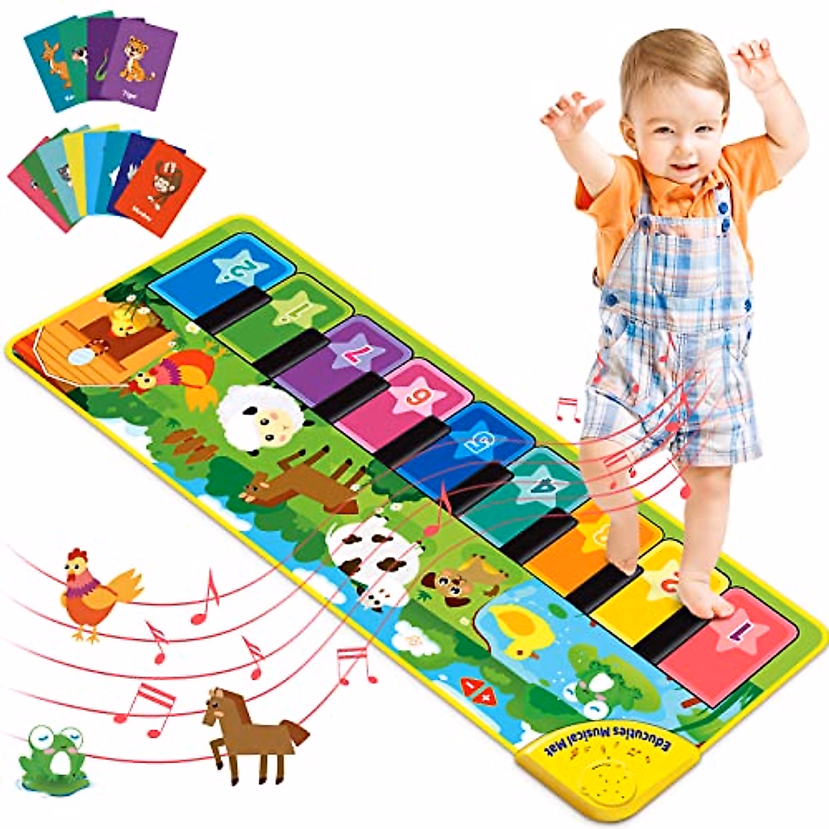 EduCuties Baby Musical Learning Toys , Floor Piano Playmat for Toddlers with Animal Flash Cards Music Sound for Early Education Touch Keyboard Blanket Birthday for Baby Boys Girls