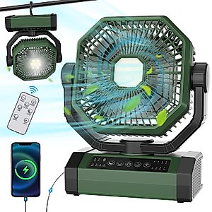Portable Rechargeable Fan 35Hrs 10000mAh 9-Inch with Auto Oscillating/Remote/Timer/LED Light, Camping Fan for Tent, Travel, Worksite, Poweroutage, Strong Hurricane, Cordless, Battery Operated Fans