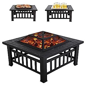 Fire Pit 32in Square Metal Firepit Patio BBQ Fireplace with Charcoal Rack Mesh Cover Poker for Camping Bonfire Picnic Outdoor Heating