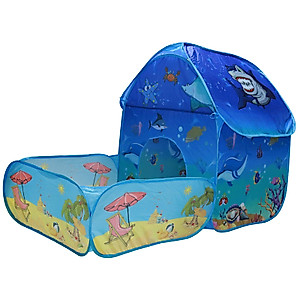 Vokodo Kids Pop Up Tent with Play Pen Area Beach Marine Animal Theme Folding Indoor Outdoor Playhouse Tunnel Pretend Imagination Creative Learning Toy Gift for Preschool Children Boys Girls Toddlers
