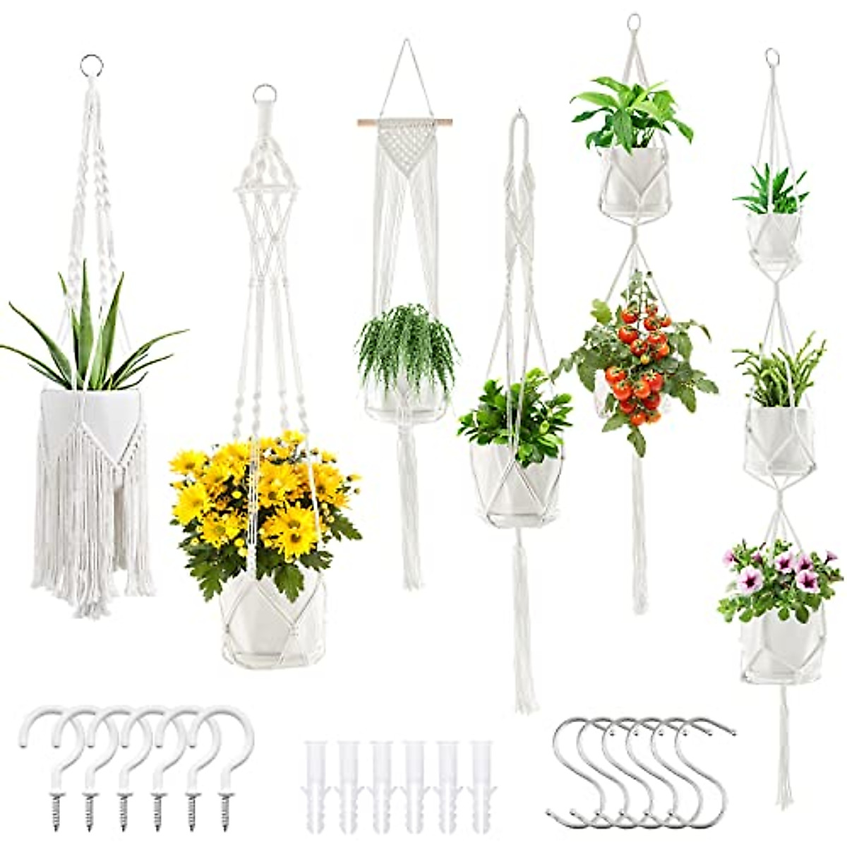 SFENNGPET Macrame Plant Hangers, 6Pack Hanging Planters for Indoor Plants w/ 6 Set Hangers Kit Handmade Macromay Plant Hangers Indoor Flower Pots Holder Stand for Boho Home Décor