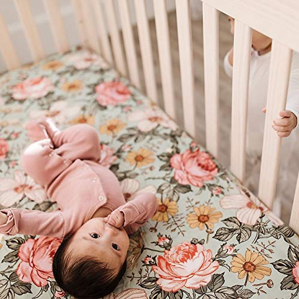 Fitted Crib Sheet - Garden Floral Pattern Design, Woven 100% Cotton (Sea Foam, Regular (28x52x9) in)