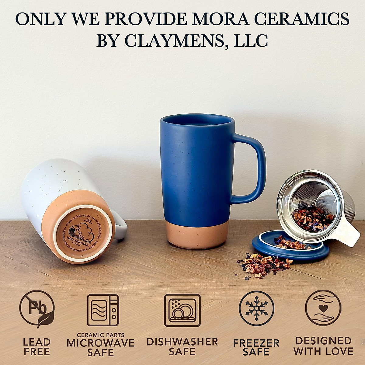 Mora Ceramics Large Tea Mug with Loose Leaf Infuser and Ceramic Lid, 18 oz, Portable, Microwave and Dishwasher Safe, Tall Coffee Cup - Rustic Matte Ceramic Glaze, Modern Herbal Tea Strainer, Deep Blue