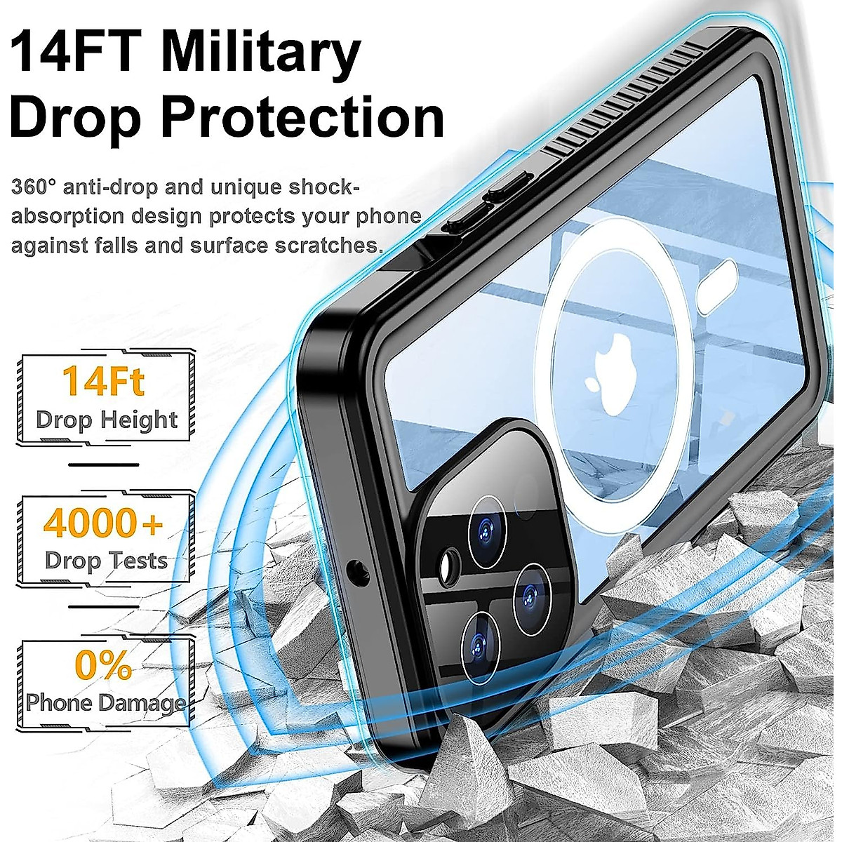 Temdan for iPhone 13 Pro Max Case Waterproof,Built-in 9H Tempered Glass Screen Protector [Real 360][IP68 Underwater][Military-Grade Protection][Dustproof][Compatible with MagSafe] - Clear/Black