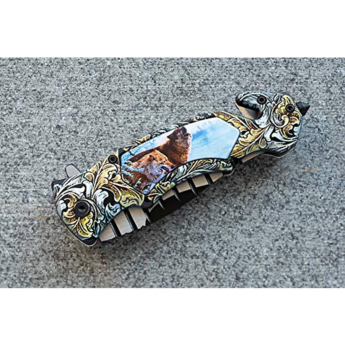 SE Spring Assisted Clip Point Folding Knife with Howling Wolf Design - KFD20024-2