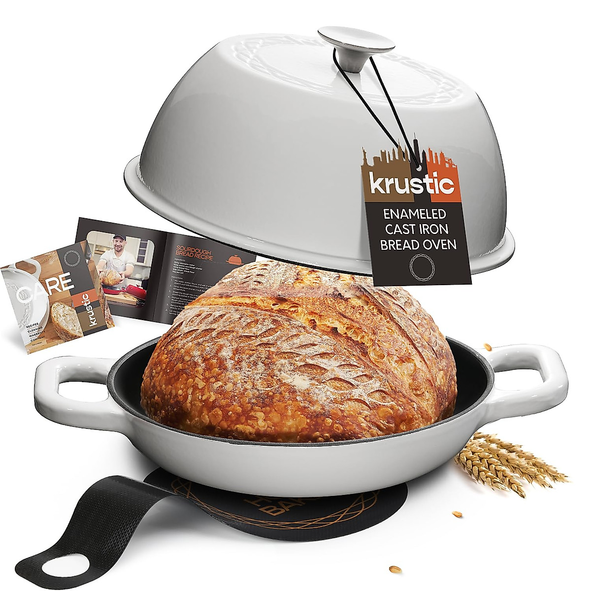 Krustic Enameled Cast Iron Dutch Oven for Sourdough Bread Baking | 6 Quart Pot with Lid | 10 Inch Ceramic Enamel Thick Coated Cookware Set with Non Stick Silicone Baking Mat for Cooking | 6 Qt | White