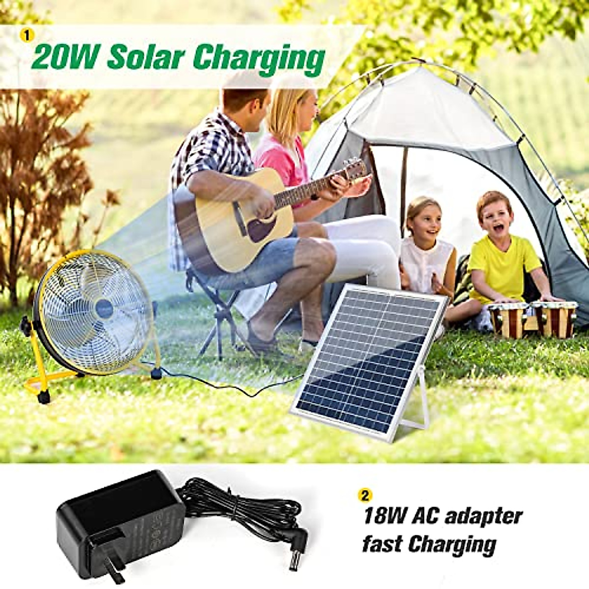 blessny 14 Inch Rechargeable Floor Fan Solar Powered, 15000mAh battery Portable Cordless Floor Fan with 12 Speeds Metal Blades for Outdoor, Camping, BBQ, Fishing