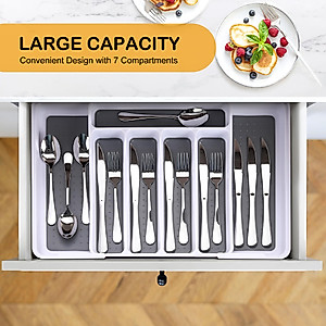 CiWiVOKi Utensil Drawer Organizer, Expandable Silverware Organizer for Kitchen Drawer, Large Cutlery Tray Flatware Holder, Plastic Kitchen Storage for Spoons Knives Forks, 7-Slots, White/Grey