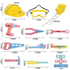 Magic4u Toy Tool Set Girl Pretend Play Construction Tool Accessories Tool Toys with Hat Tool Box Tape Measure Toy Electric Drill Hammer