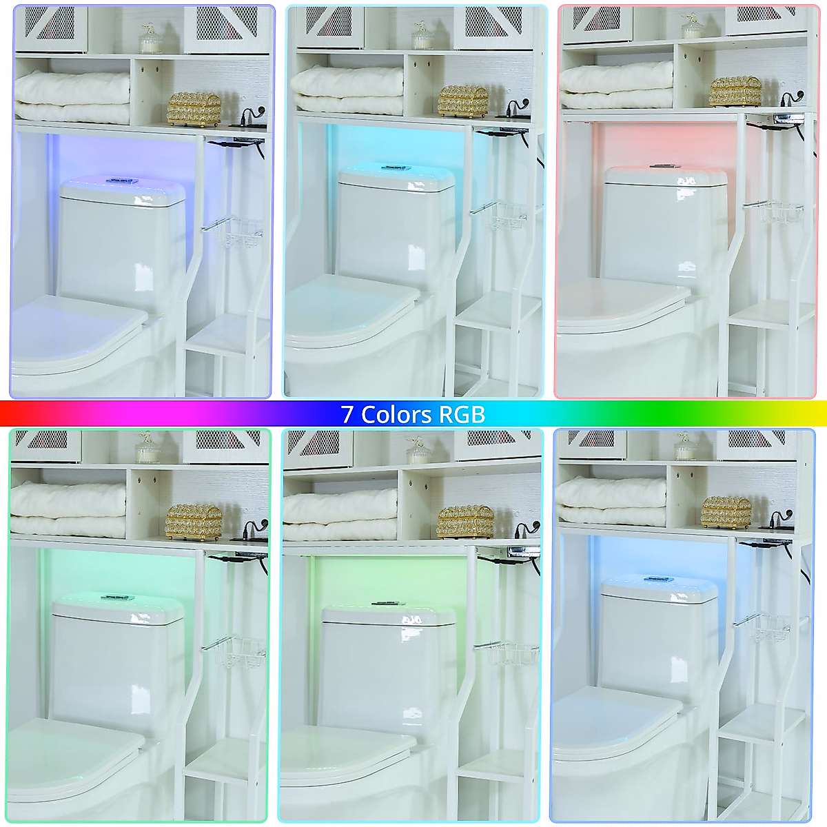 CHANFOK Over The Toilet Storage Cabinet, Storage Cabinet Over Toilet with 2 Barn Door and Toilet Paper Holder Stand,RGB Light Strip,Home Space-Saving Toilet Rack, for Bathroom, Restroom, Laundry
