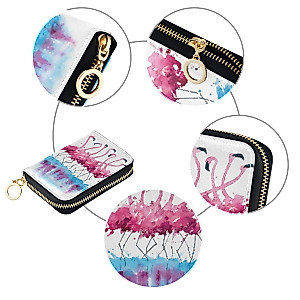 MOYYO RFID Credit Card Holder Case Watercolor Flamingos Leather Printed Zipper Card Case Wallet for Women Girls