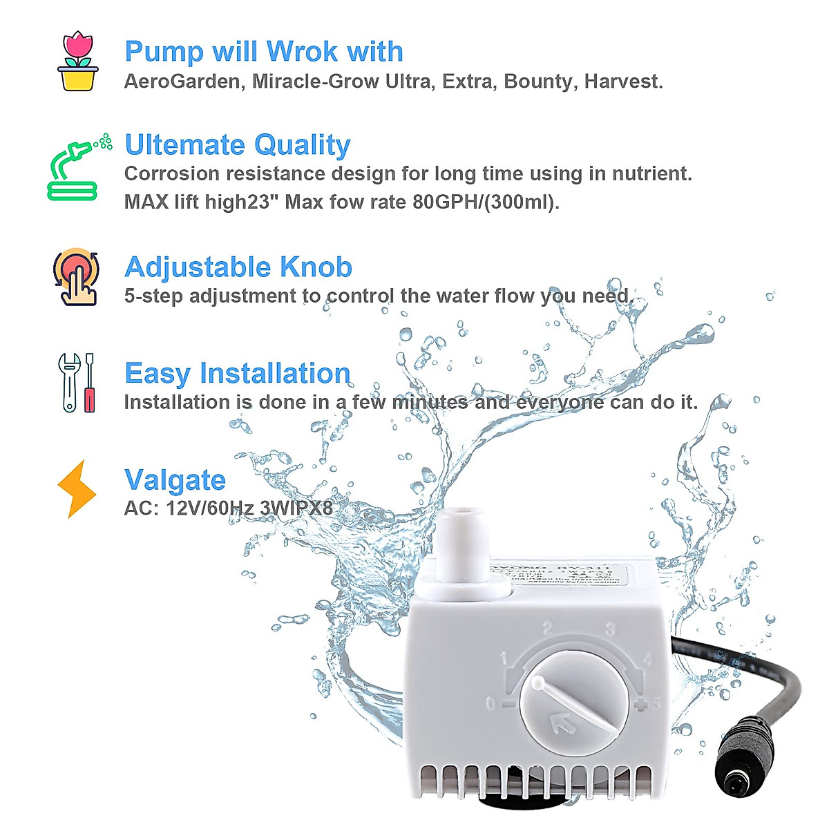 200623 Aero-Garden Pump with 10 Filters, Ultra Quiet Hydroponics Growing System Pump fit for Harvest Bounty Farm Extra Ultra All Model