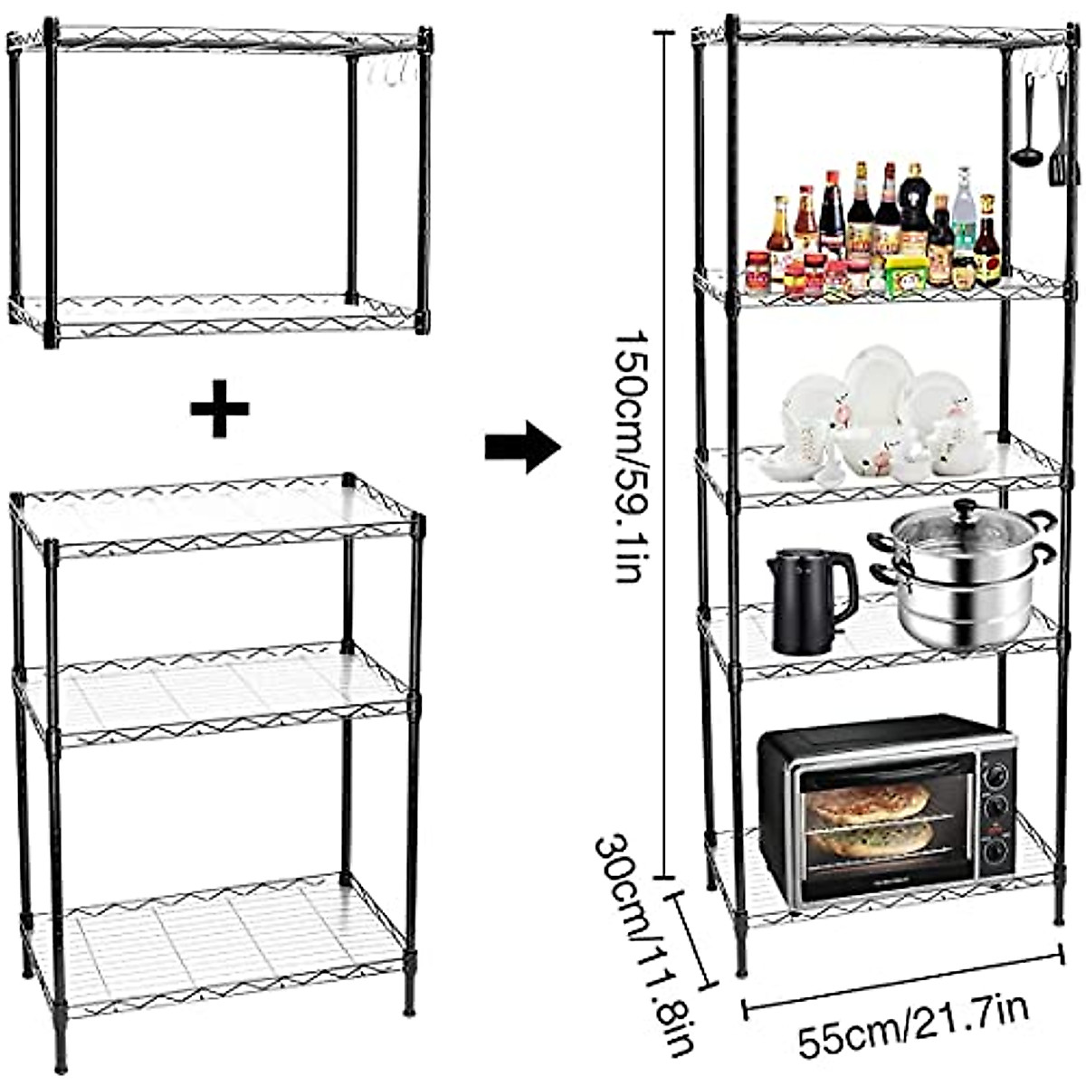 vkahaak 5 Tier Adjustable Wire Shelving Unit, 22" x 12" x 60" Metal Storage Rack with 4 Hooks, Steel Utility Storage Shelf Organization for Kitchen/Garage/Bathroom/Pantry/Closet, Black