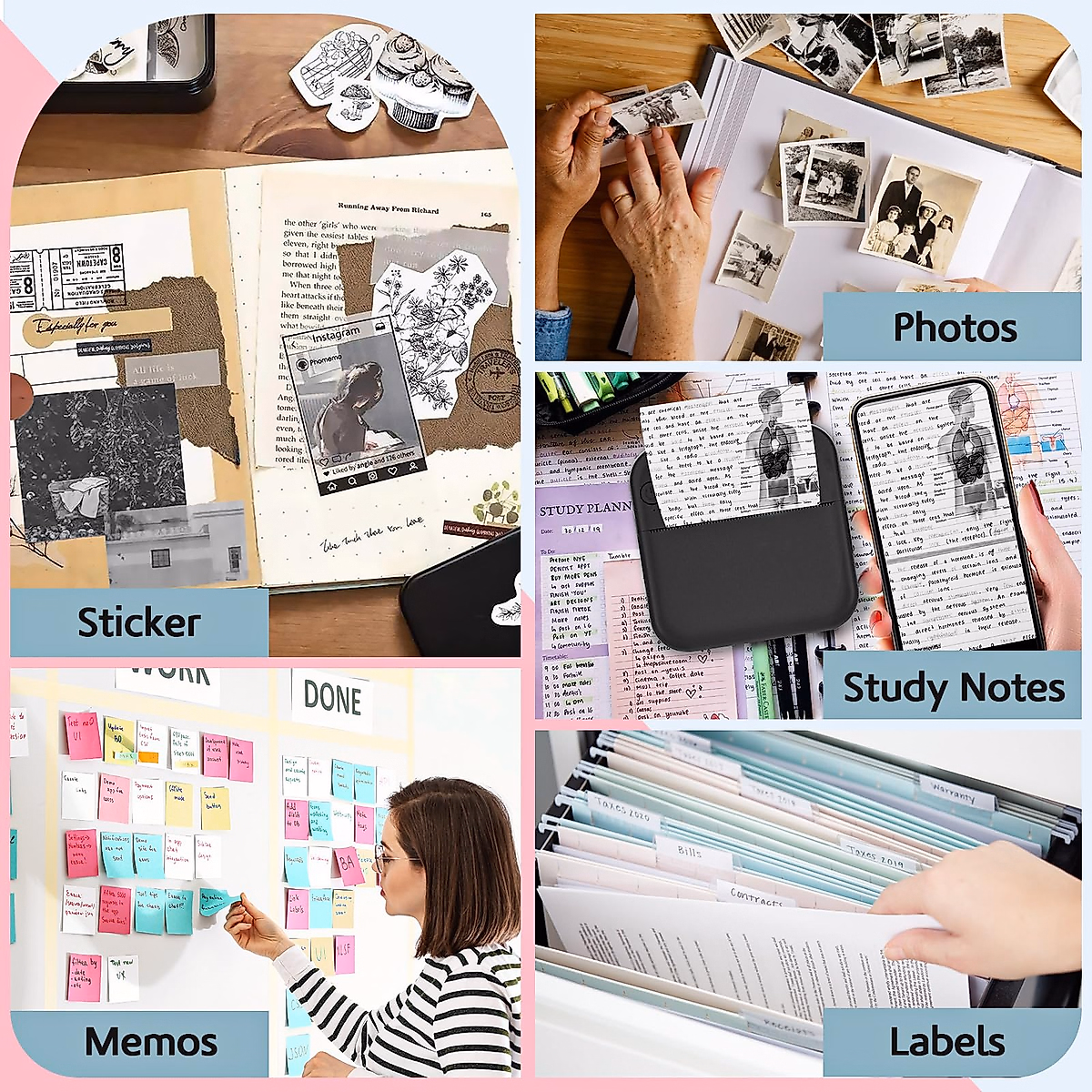 HUIJUTCHEN Mini Printer Portable, Bluetooth Pocket Thermal Sticker Printer with 11 Rolls Thermal Paper and Sticker Mini Thermal Printer for iOS & Android Inkless Pocket Printer for Photo Note